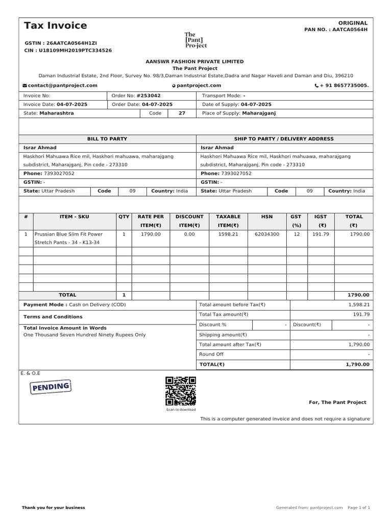 Invoice Original 253042 | PDF | Economy Of India | Taxation