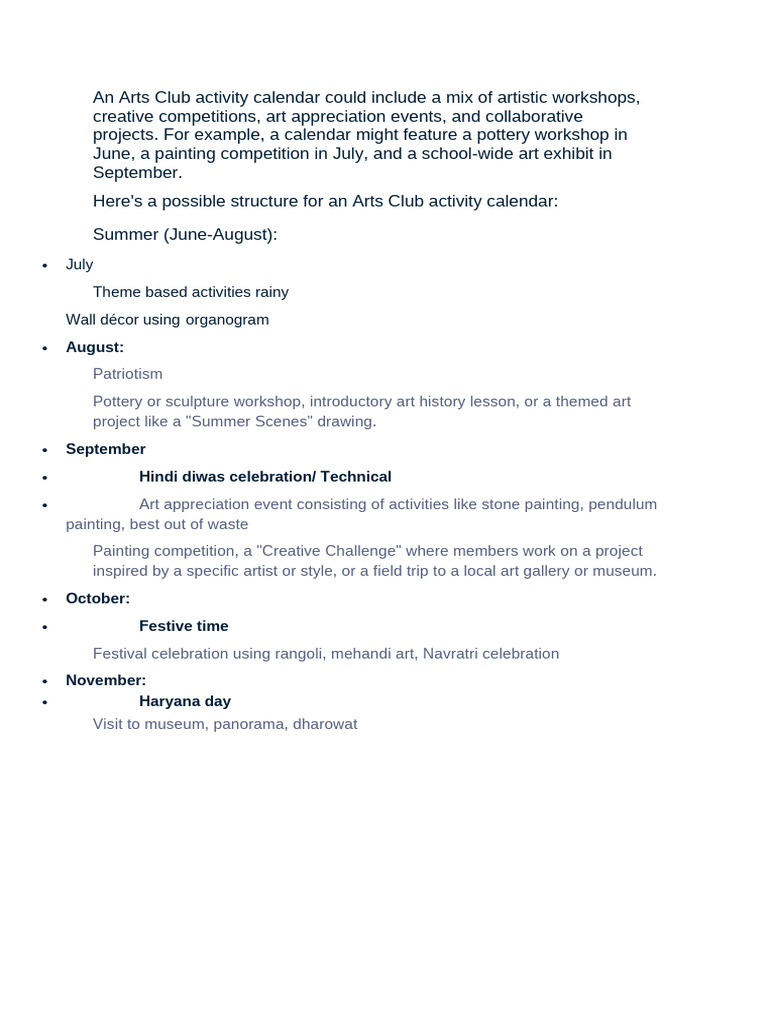 Arts Club Activity Calendar | PDF