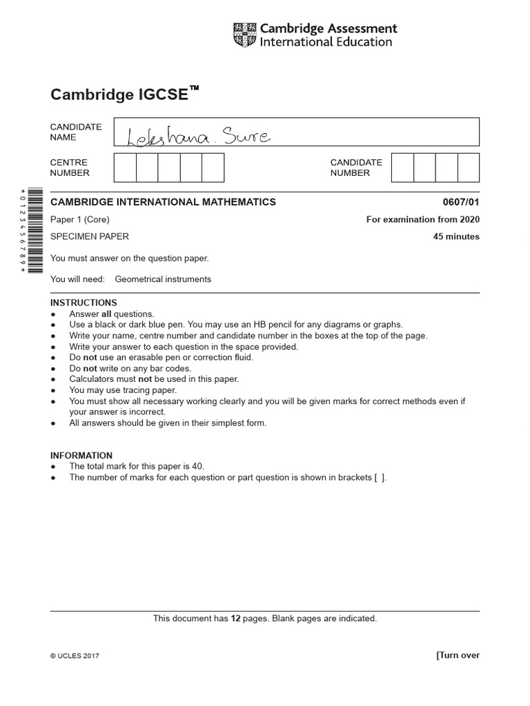IGCSE Mathematics Specimen Paper 2020 | PDF | Area | Surface Area