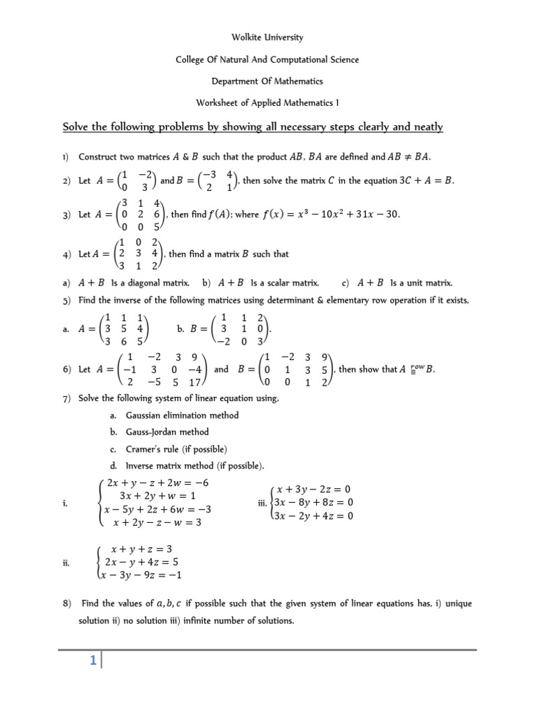Work Sheet of Applied Mathematics I | PDF | Matrix (Mathematics ...