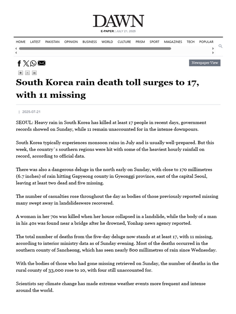 South Korea Rain Death Toll Reaches 17 | PDF | Rain | Physical Geography