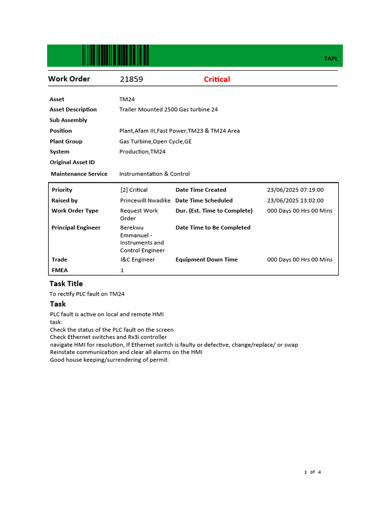 Work Order Print Out | PDF | Safety