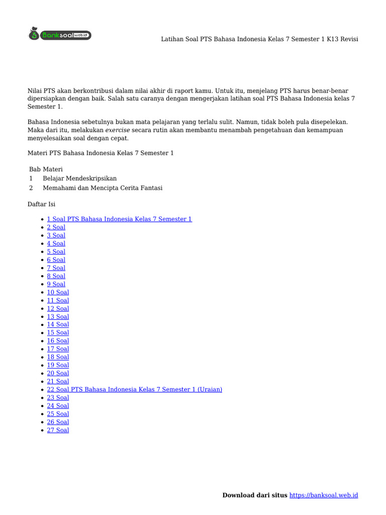 Latihan Soal PTS Bahasa Indonesia Kelas 7 Semester 1 K13 Revisi | PDF