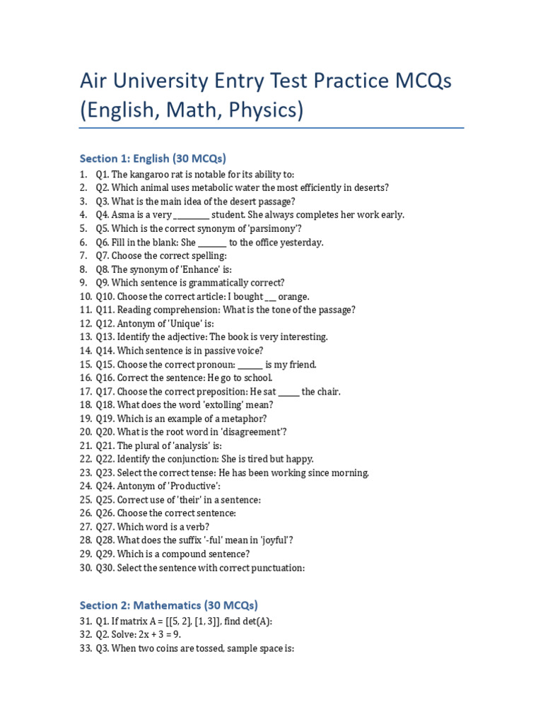 Air University Entry Test Practice MCQ | PDF | Gravity | Metrology