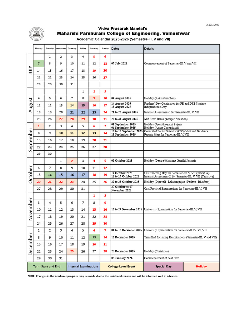 Academic Calendar 2025-26 25062025 | PDF | Academic Term