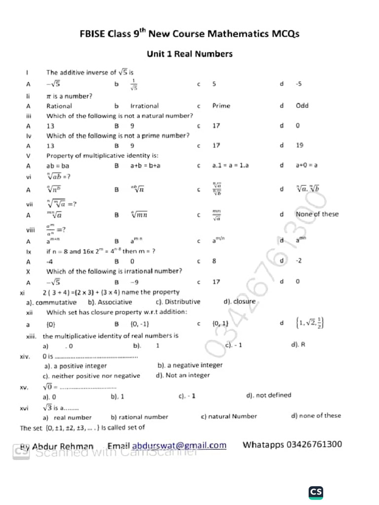 Math Class 9 Slo Based Mcqs Most Important | PDF