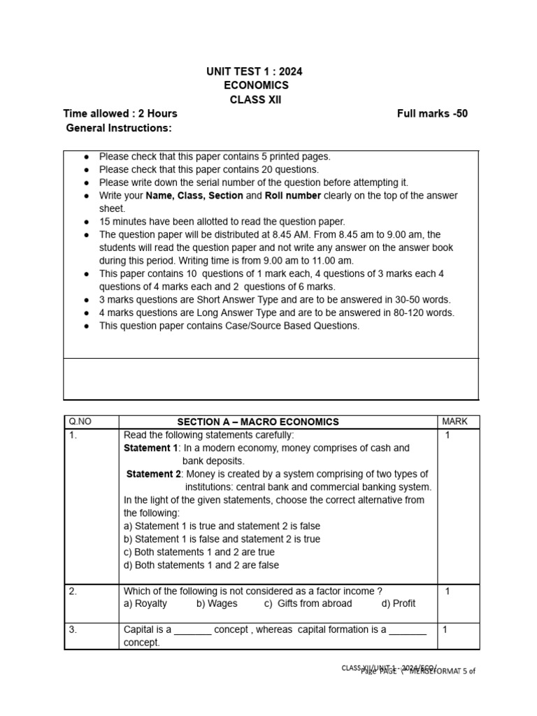 Grade 12 Economics Unit Test 2024 | PDF | Money Creation | Suez Canal