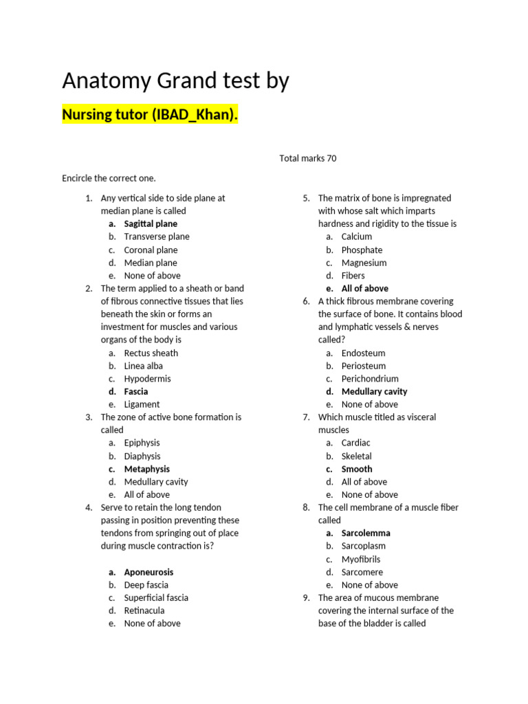 Anatomy Grand Test Questions and Answers | PDF | Abdomen | Anatomy