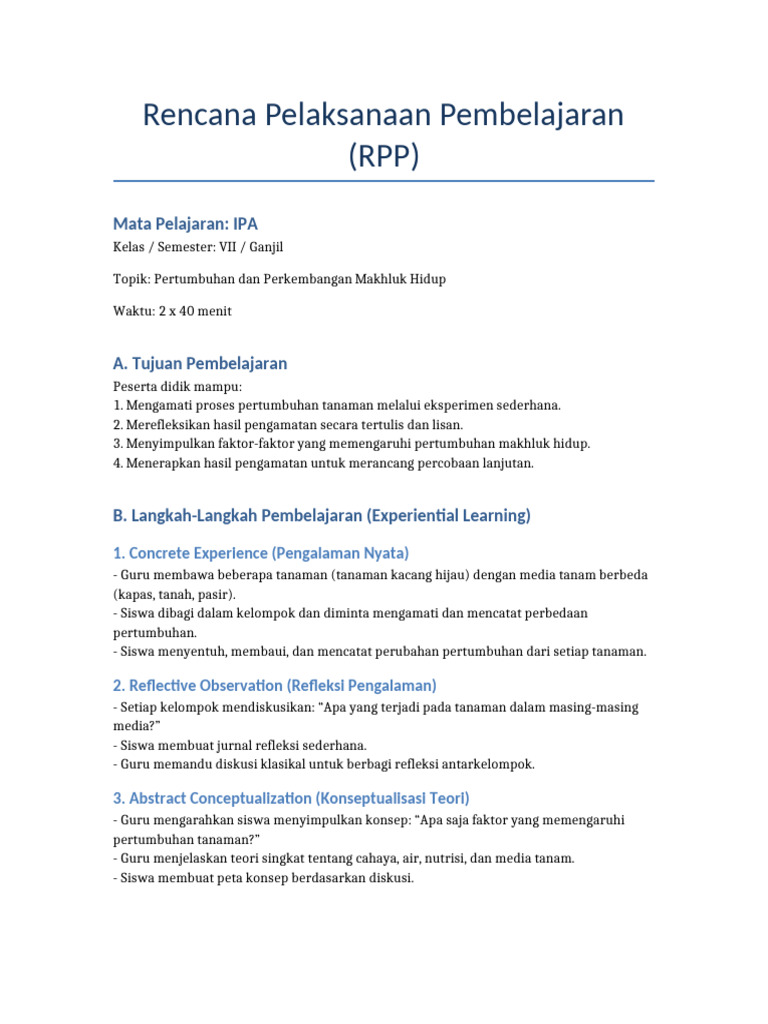 RPP Experiential Learning IPA Kelas 7 | PDF
