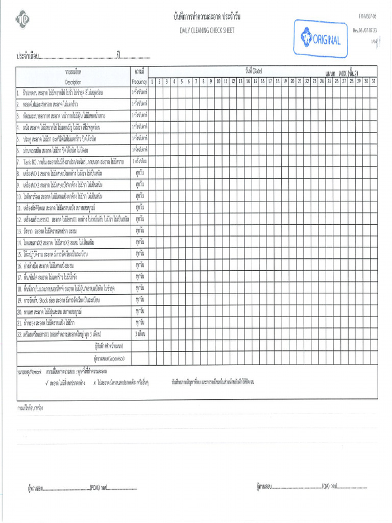 Fm-ms07-03 บันทึกการทำความสะอาดประจำวัน (Rev.06 07-07-23) | PDF