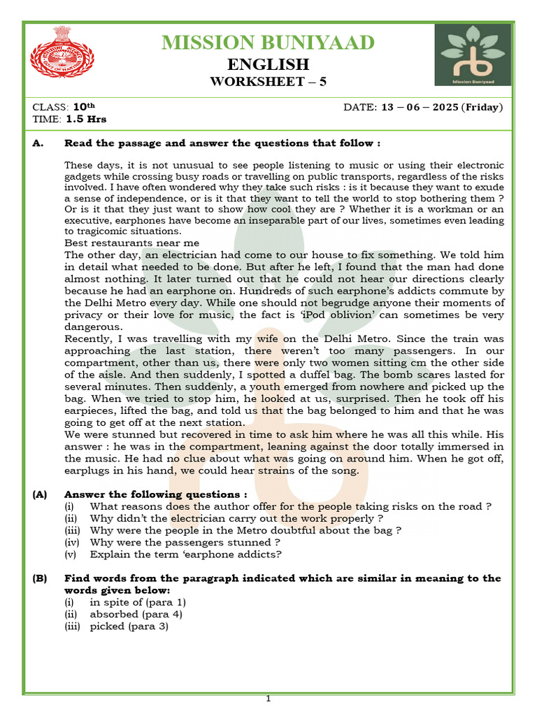 Class 10 English Worksheet on Risks and Learning | PDF
