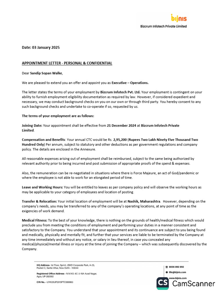 Sandip Sopan Walke (BID7671) Appointment Letter | PDF | Employment ...