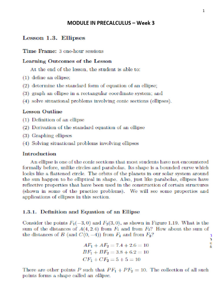 PreCalculus Module - Week 3 (Ellipse) | PDF