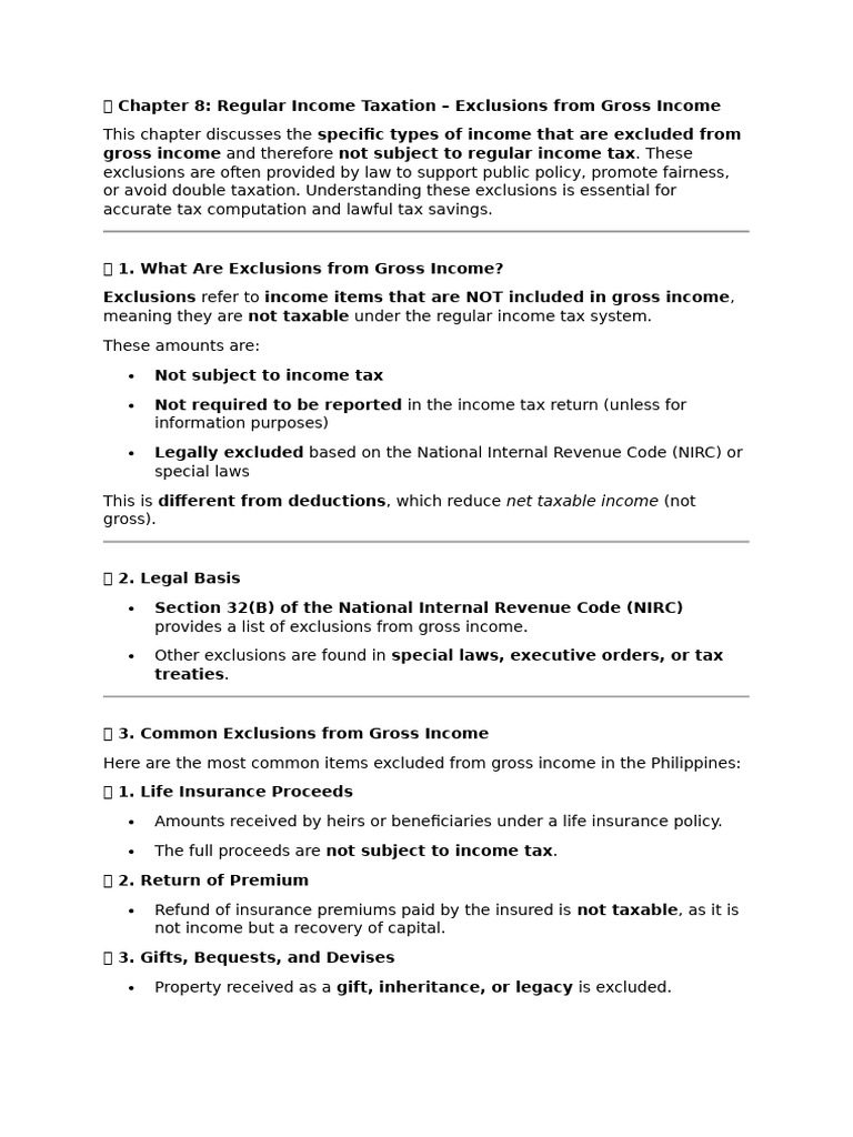 Chapter 8 (Regular Income Taxation - Exclusions in Gross Income) | PDF | Gross Income | Taxes