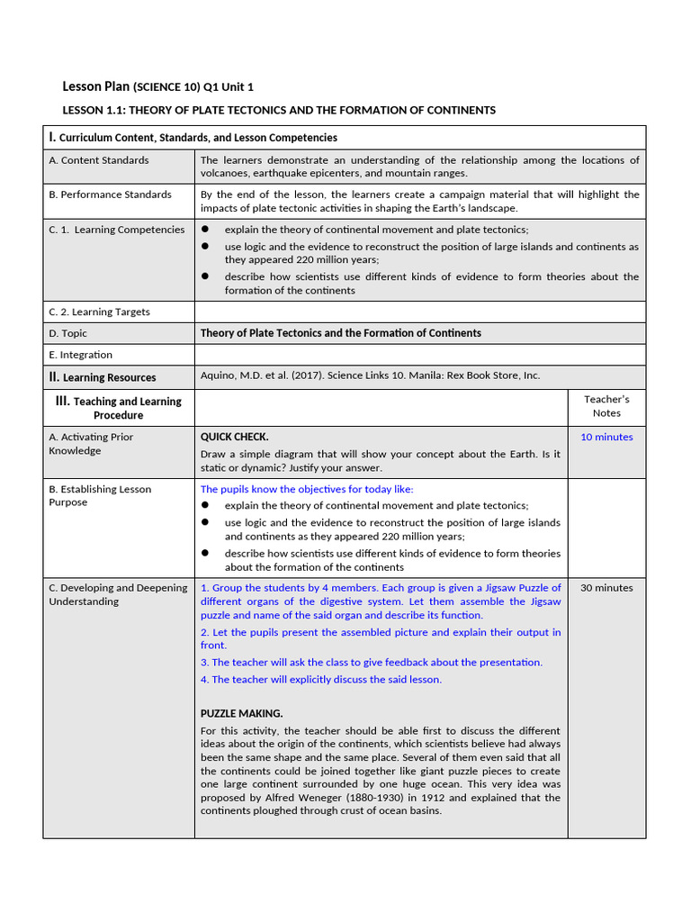 Plate Tectonics Lesson Plan for Grade 10 | PDF | Plate Tectonics ...