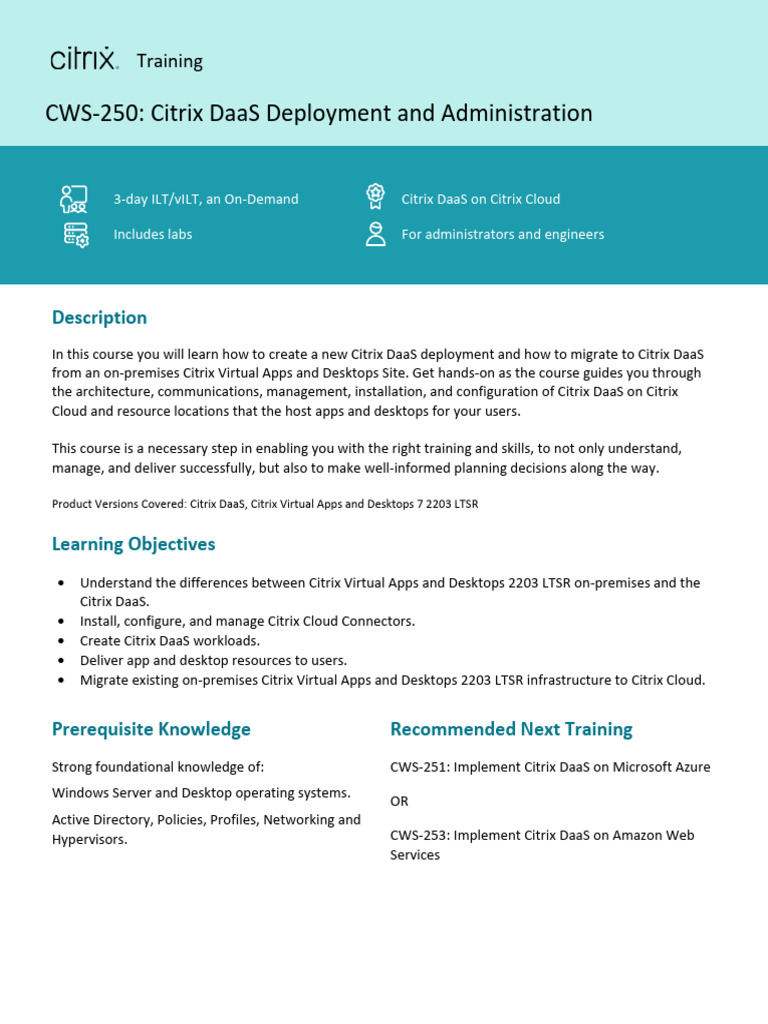 CWS-250 Citrix DaaS Deployment and Administration | PDF | Citrix Systems | Cloud Computing