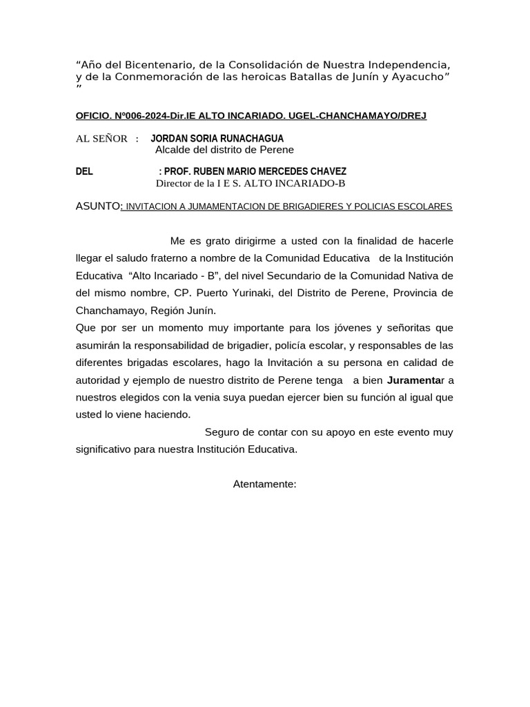 Oficio Alcalde Perene | PDF