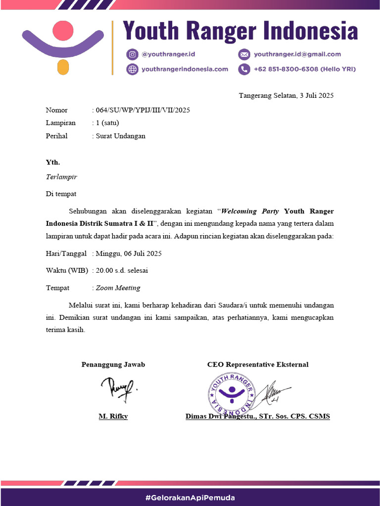 Surat Undangan Welcoming Party Youth Ranger Indonesia Distrik Sumatra I ...
