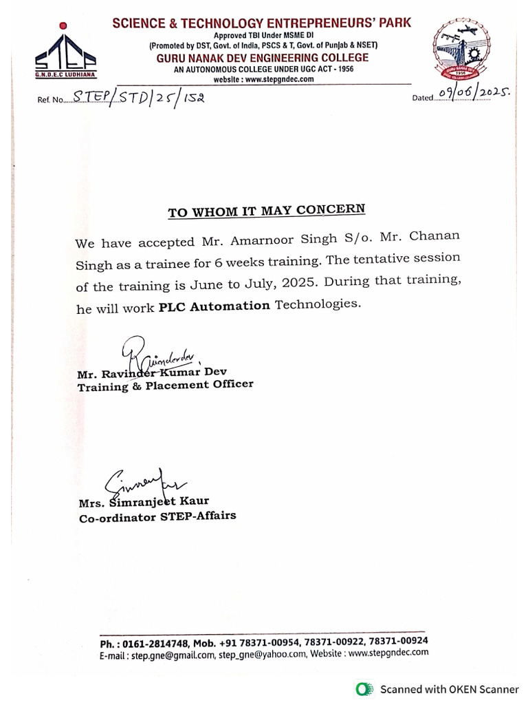 B23305003 ECE Amarnoor Training Confirmation Letter | PDF