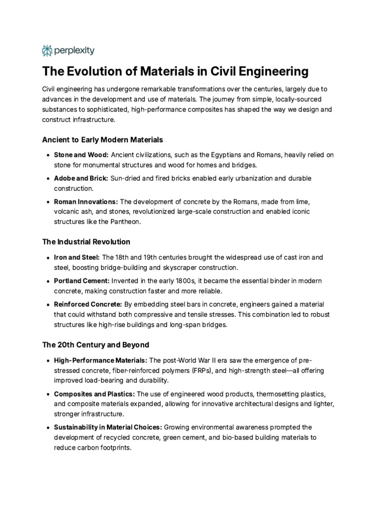 The Evolution of Materials in Civil Engineering | PDF | Concrete | Steel