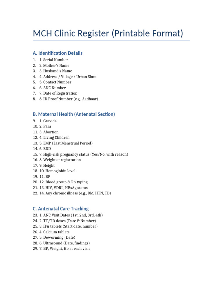 MCH Clinic Register Printable | PDF