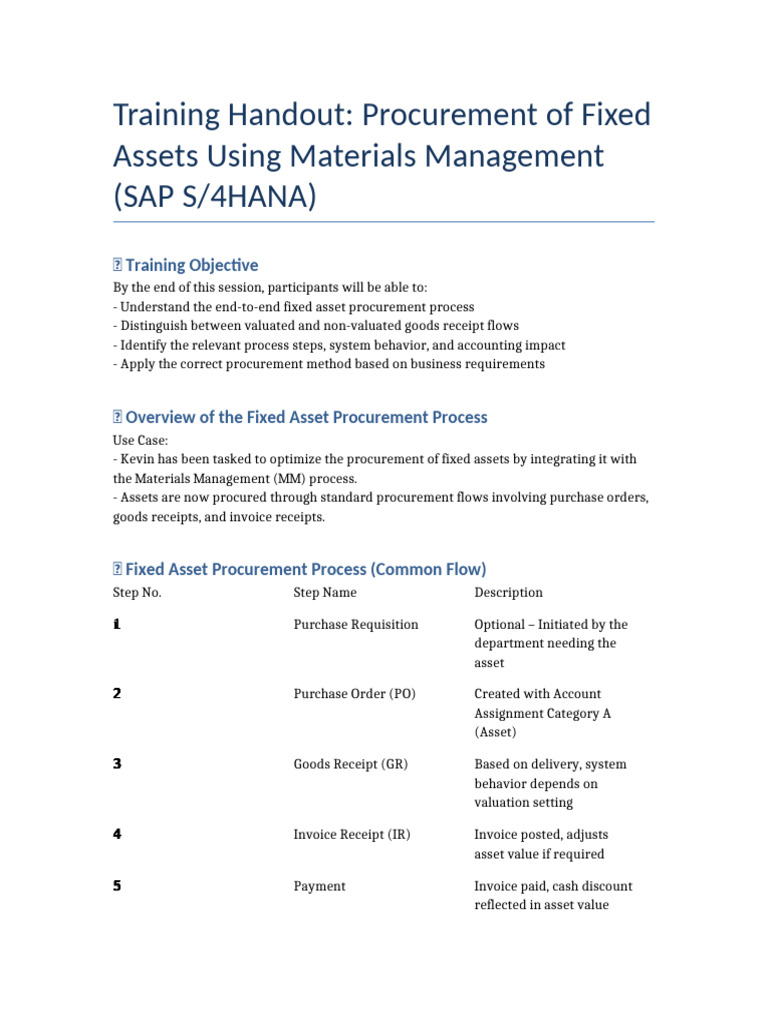 Fixed Asset Procurement Training Handout | PDF | Receipt | Discounting