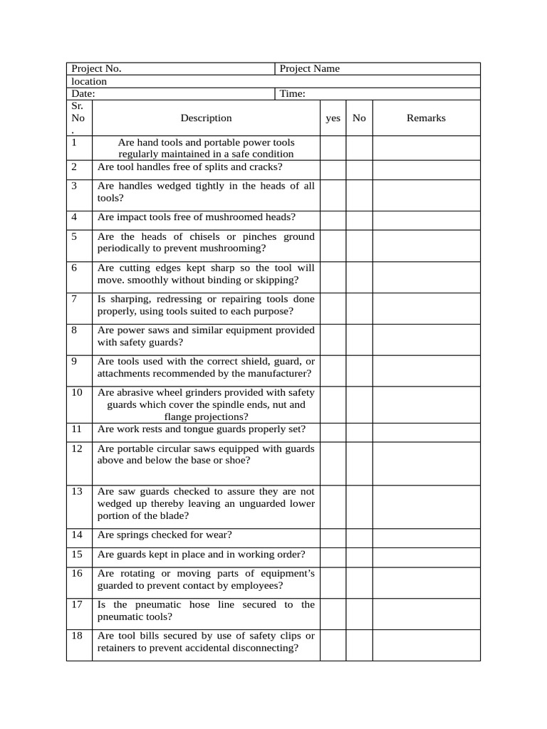 Tool Safety Inspection Checklist | PDF