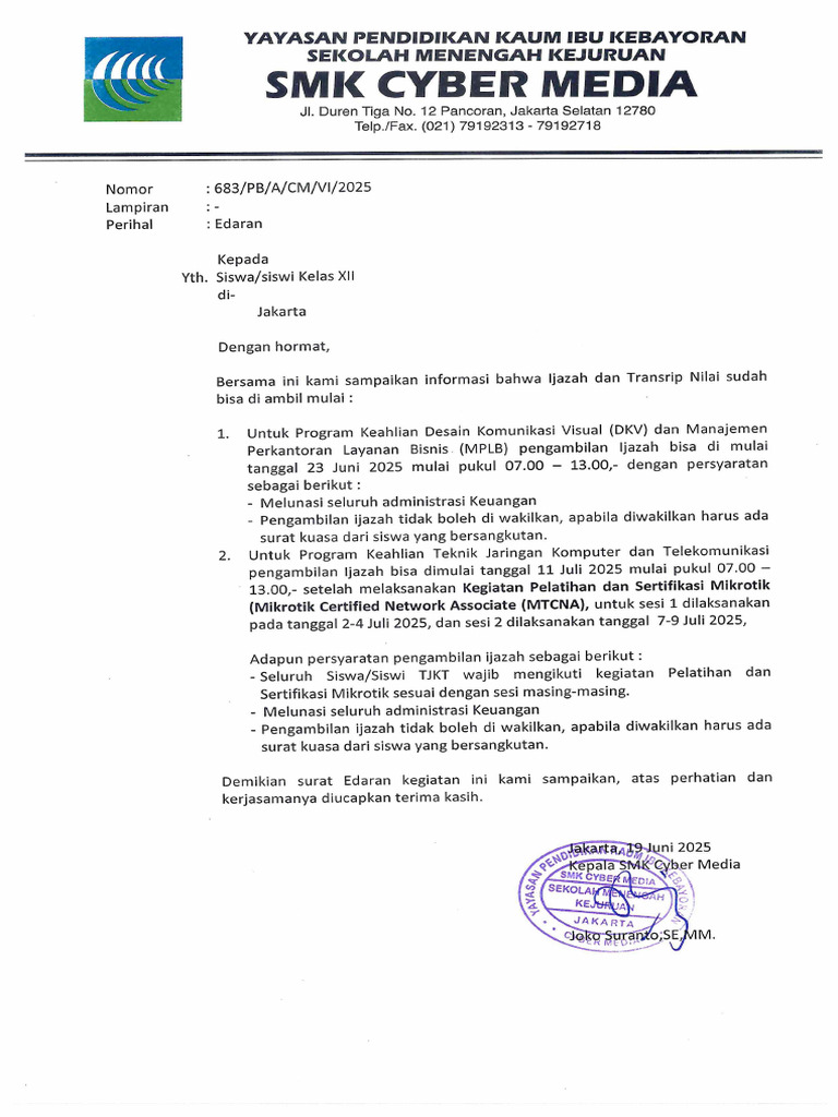 Surat Edaran Pengambilan Ijazah T.A 2024-2025 | PDF