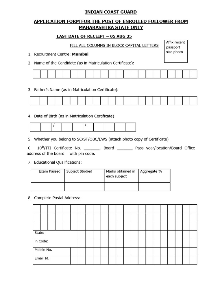 Indian Coast Guard Form 2025 | PDF