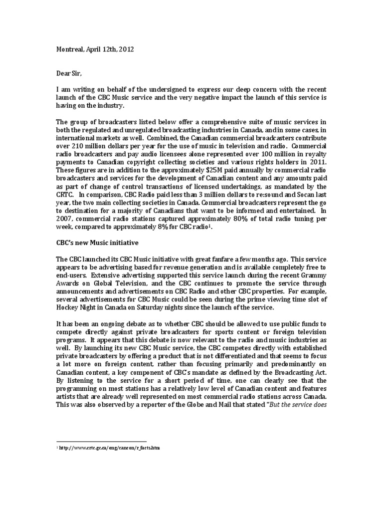 CBC Letter V6 | PDF | Canadian Broadcasting Corporation | Royalty Payment