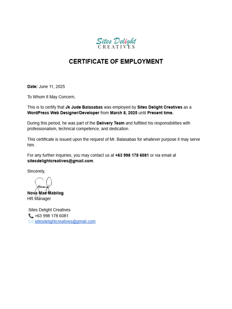 Certificate of Employment for Jk Jude Balasabas | PDF