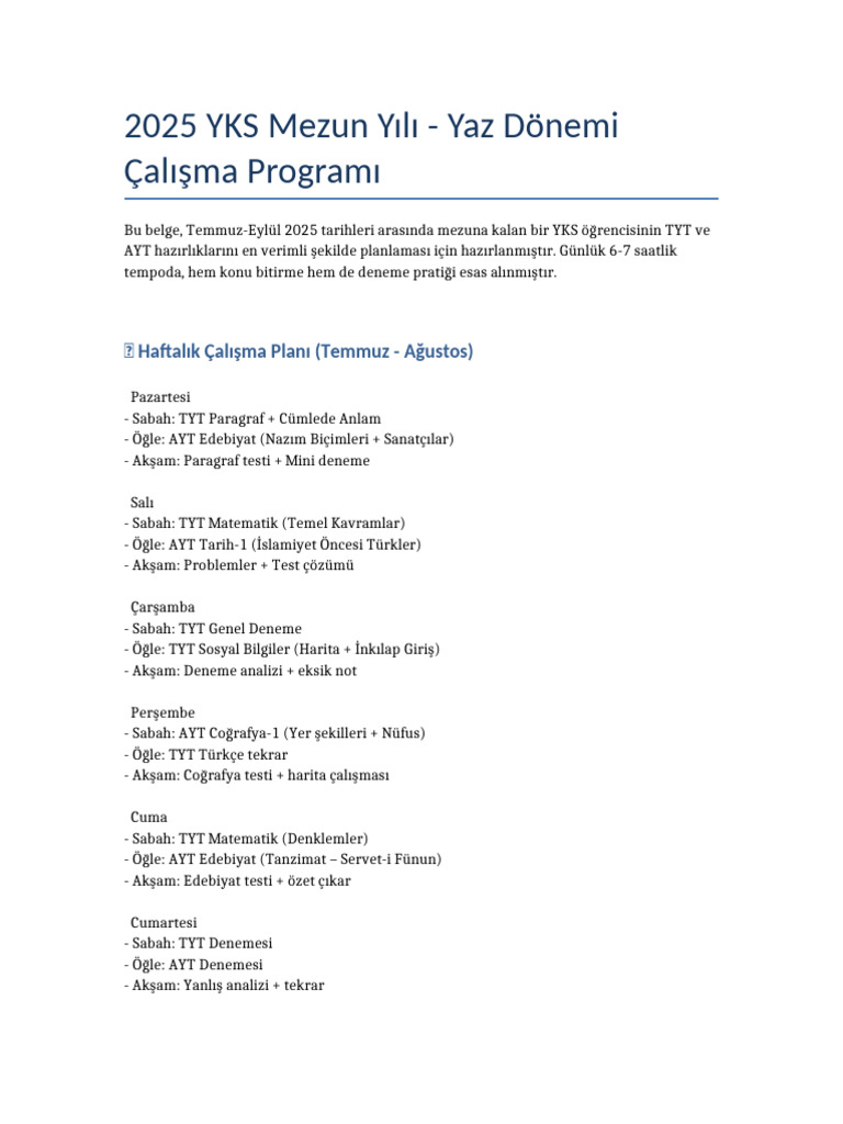 YKS Yaz Donemi Program | PDF