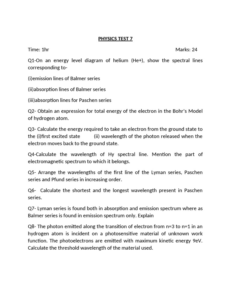 Physics Test: Energy Levels & Spectra | PDF