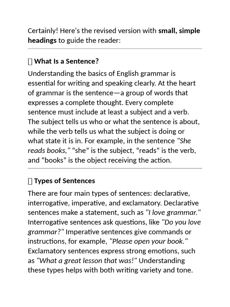Small, Simple Headings What Is A Sentence?: "She Reads Books," | PDF