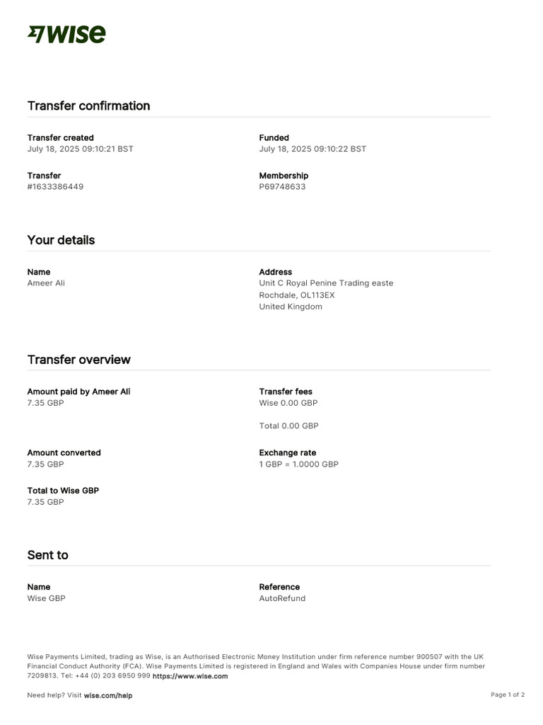 Wise Transfer Confirmation Transfer 1633386449 5874090514 en | PDF