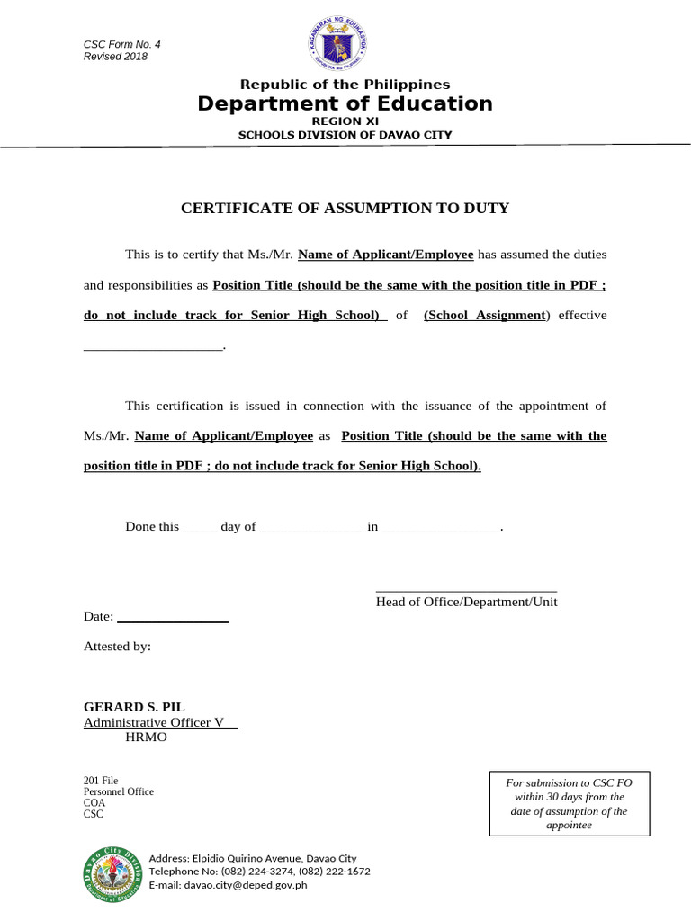 CS Form No. 4 Certificate of Assumption To Duty | PDF