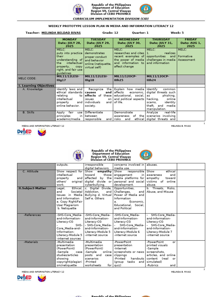 Weekly Lesson Plan: Media Literacy 12 | PDF | Information Age | Human ...