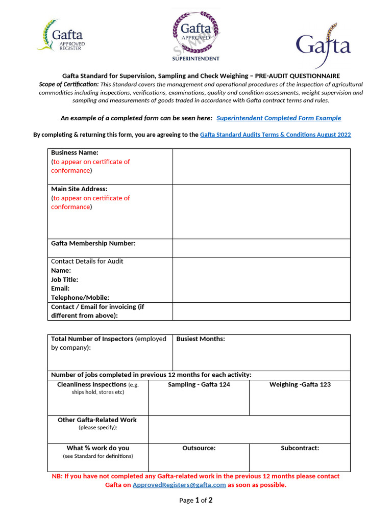 Gafta Supervision Audit Questionnaire | PDF | Audit | Business