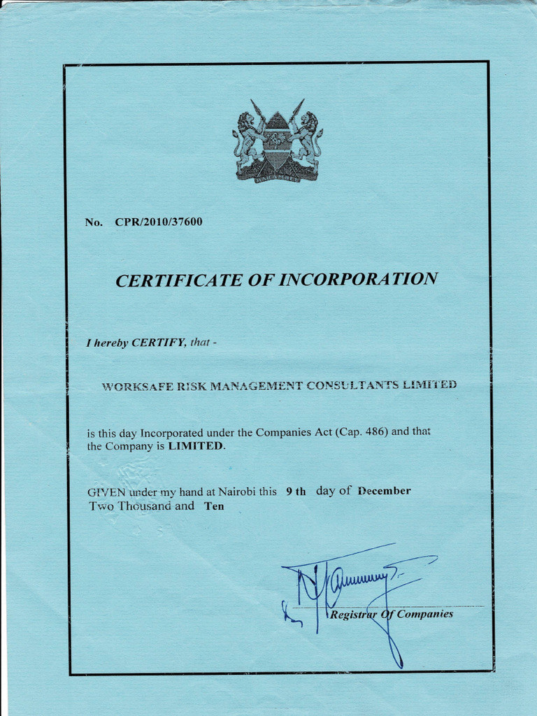 WorkSafe Cert. Incorp. | PDF