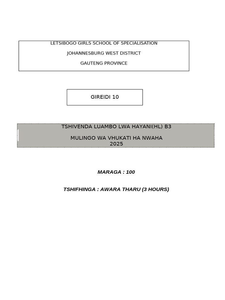 Tshivenda HL Grade 10 Exam Paper 3 Letsibogo Nematavhelani | PDF