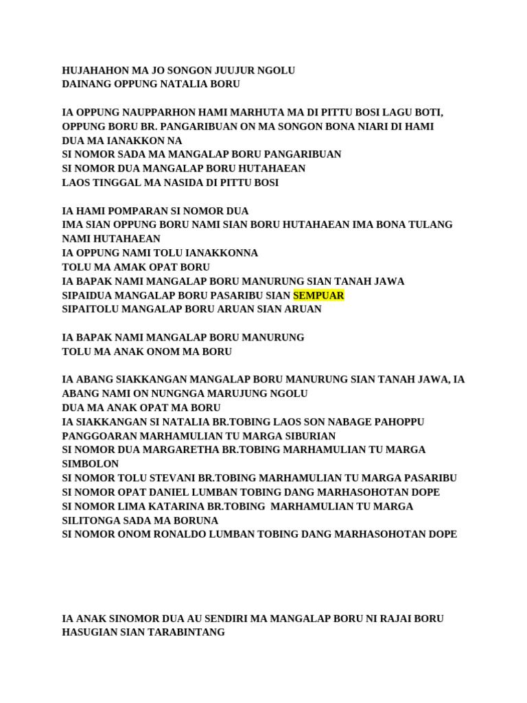 Hujahahon Ma Jo Songon Juujur Ngolu Dainang Oppung Natalia Boru | PDF