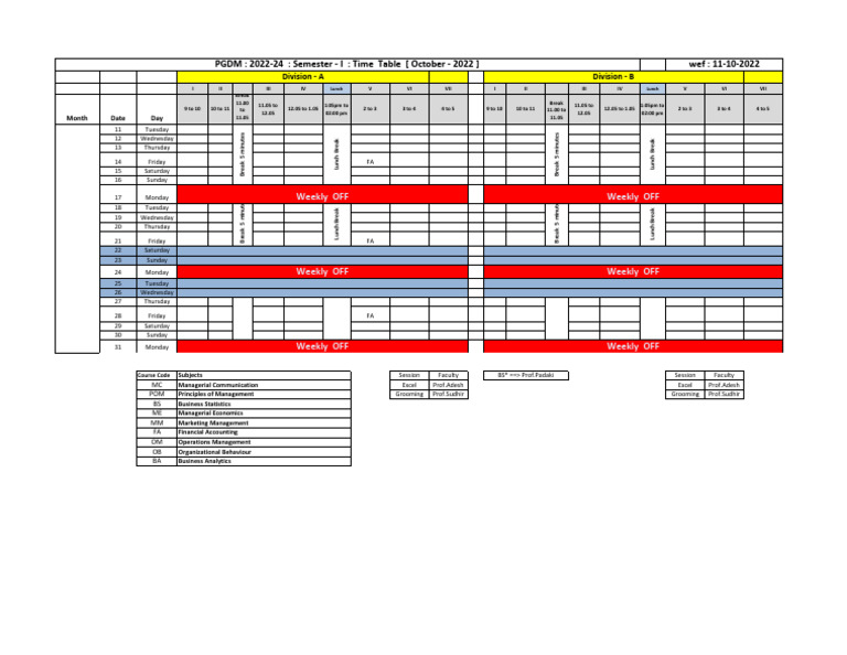 Sem 1 Time Table Wef 11 OCT | PDF