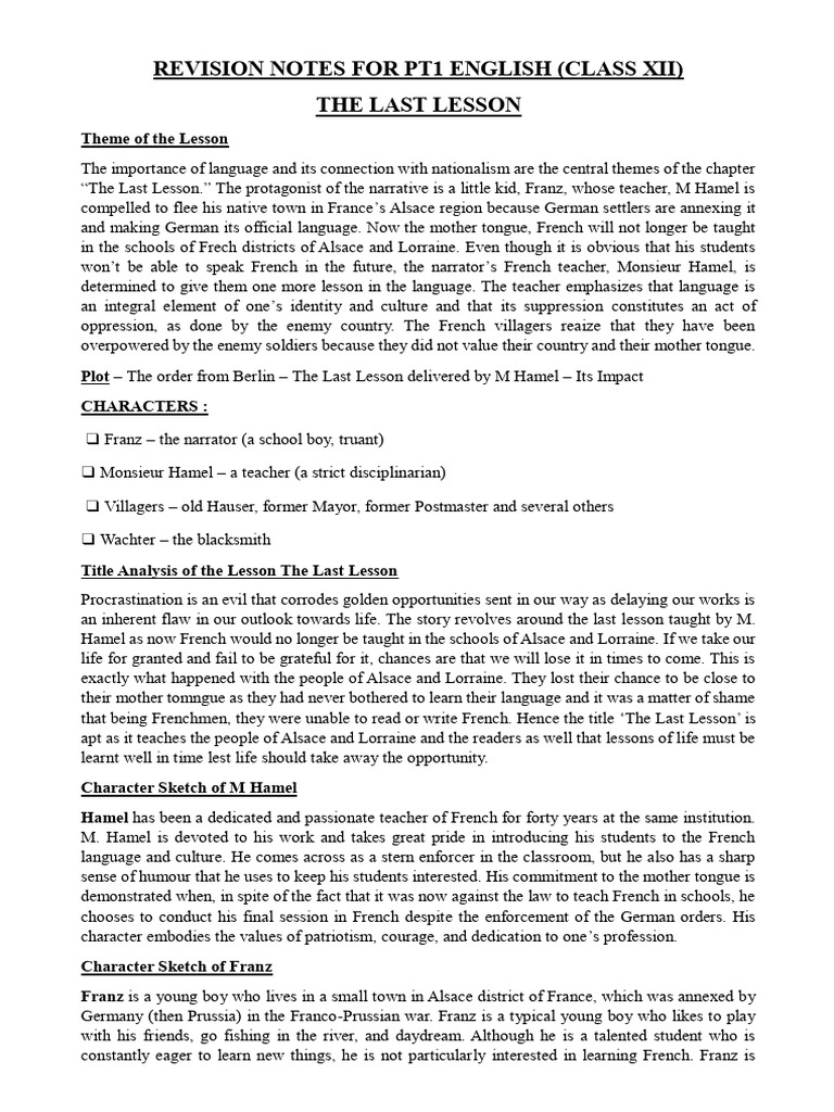 Themes and Characters in "The Last Lesson" | PDF