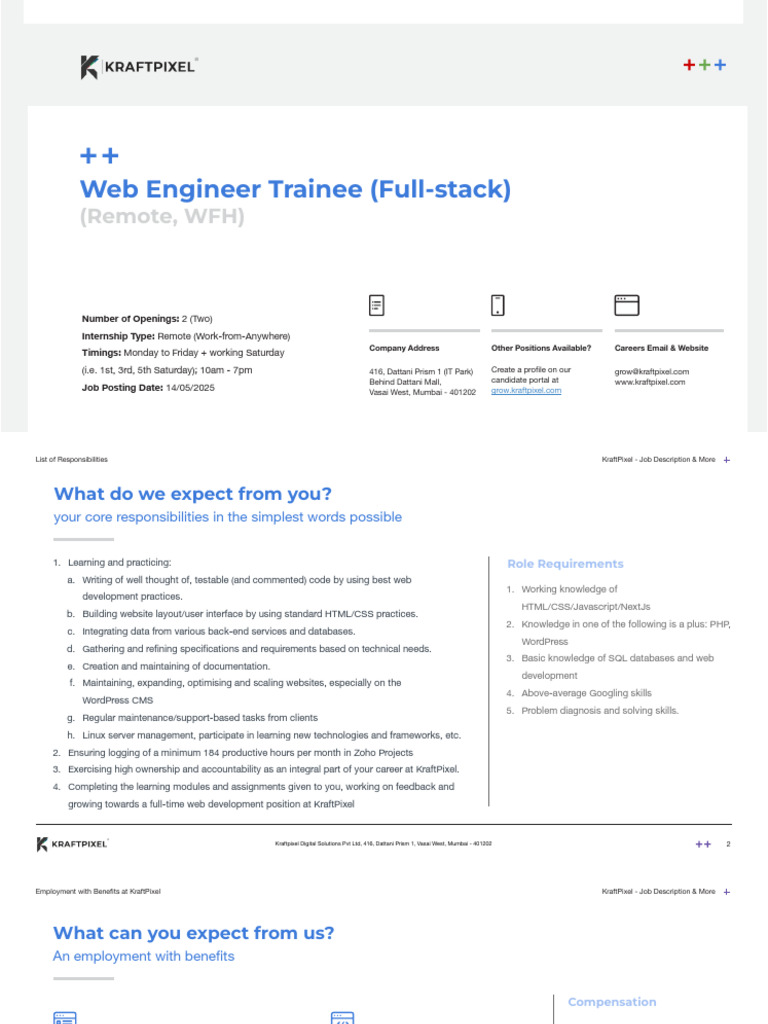 KraftPixel - JD - Web Engineer Trainee | PDF | World Wide Web | Internet & Web