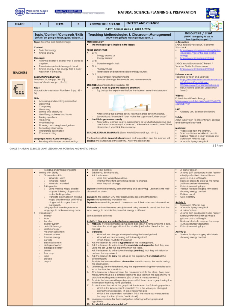Grade 7 Term 3 Energy Lesson Plan | PDF | Potential Energy