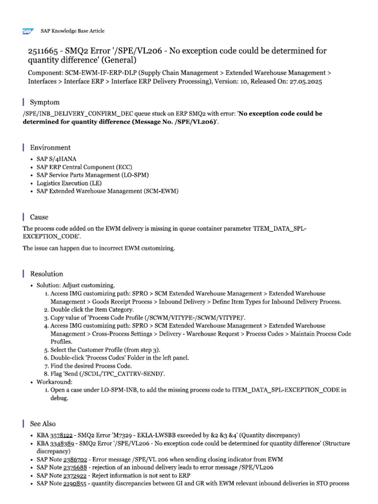 SMQ2 Error SPE VL206 - No Exception Code Could Be Determined For ...