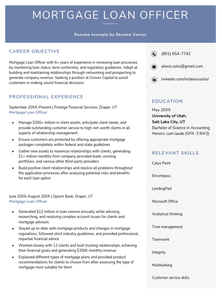 Mortgage Loan Officer Resume Example | PDF | Mortgages | Financial Services