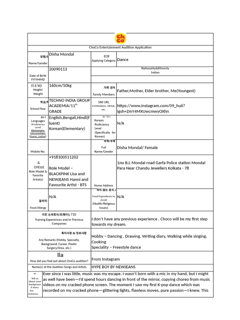 ChoCo Entertainment Audition Application | PDF