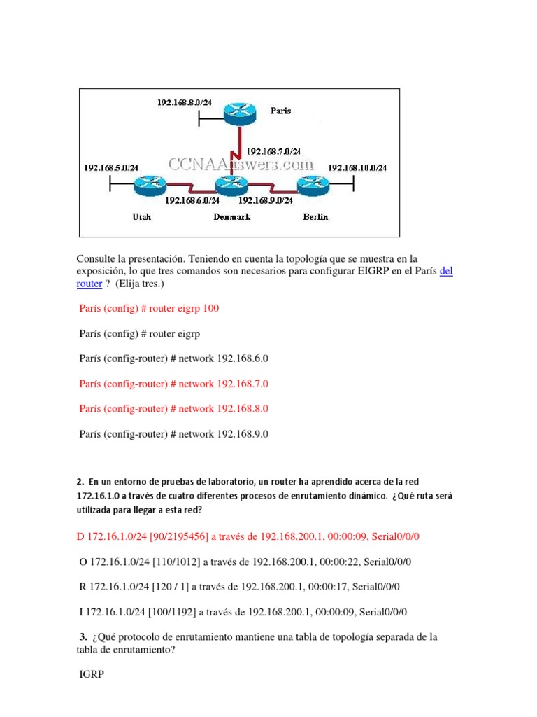 Ccna Respuestas De La 1 A La 30 Examen Final Routing Int Pdf
