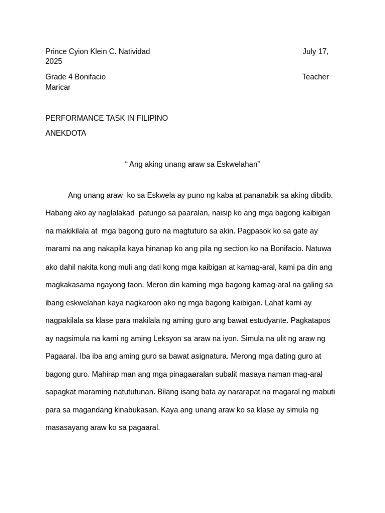 Ang Aking Unang Araw Sa Eskwelahan | PDF